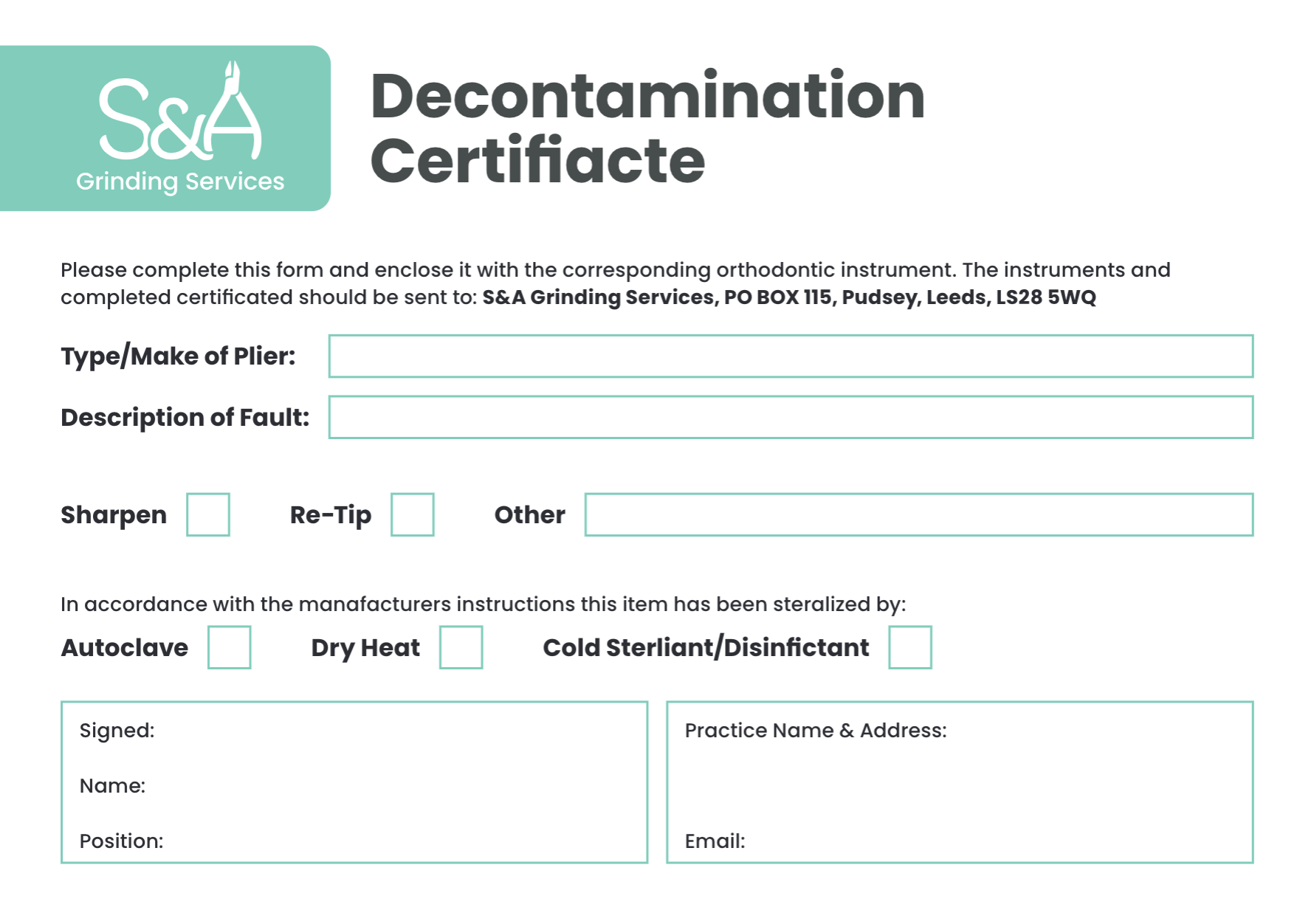 Decontamination Certificate - SA Grinding Services